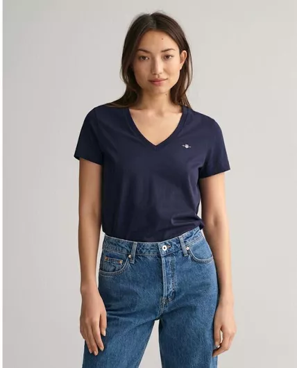 Gant Γυναικείο T-shirt με V Λαιμόκοψη Navy Blue | SHOPFLIX.gr