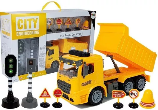 Friction Drive Dump Truck with Construction Site Road Signs, Traffic ...