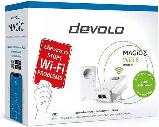 Powerline Devolo Magic 2 WiFi 6 Διπλού Kit για Ασύρματη Σύνδεση Wi‑Fi 6 με Passthrough Πρίζα & 2 ...