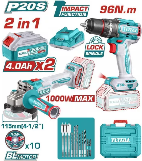 Σετ Total Γωνιακός Τροχός & Δραπανοκατσάβιδο Brushless 20V με 2 ...