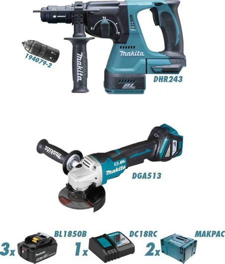 Σετ Εργαλείων Μπαταρίας Makita Γωνιακός Τροχός & Πιστολέτο 18V με 3 ...