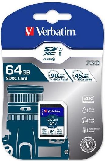 Κάρτα Μνήμης Verbatim Pro SDXC 64GB Class 10 U3 UHS-I | SHOPFLIX.gr